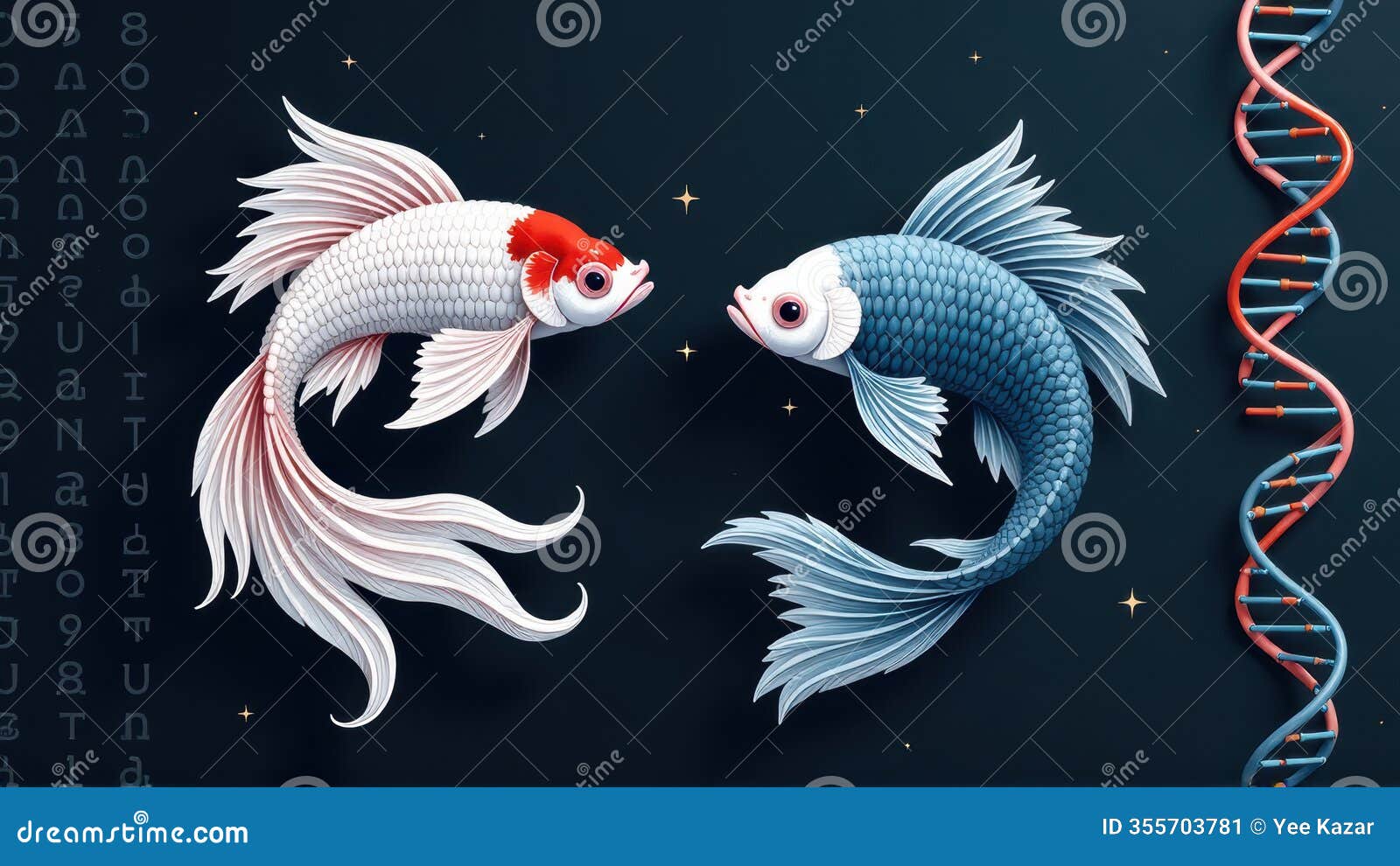 Two Koi Fish with DNA Strand and Celestial Elements Stock Illustration ...