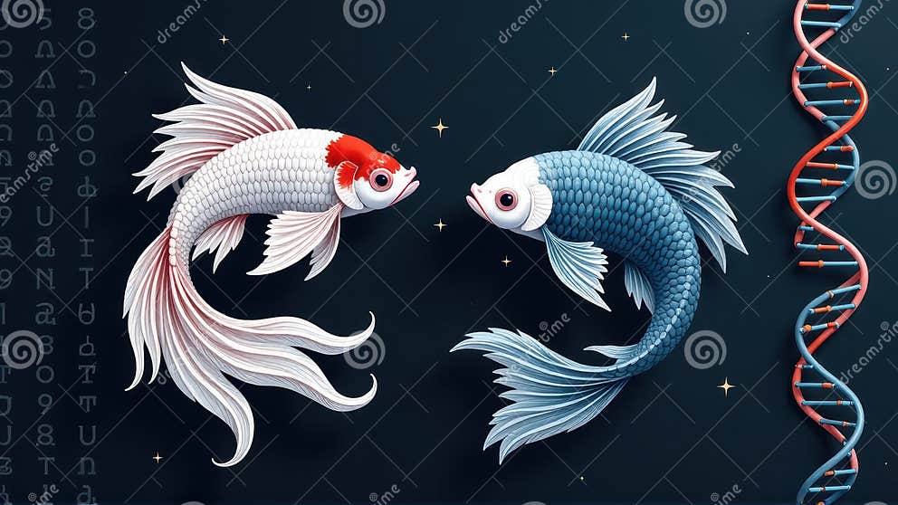 Two Koi Fish with DNA Strand and Celestial Elements Stock Illustration ...
