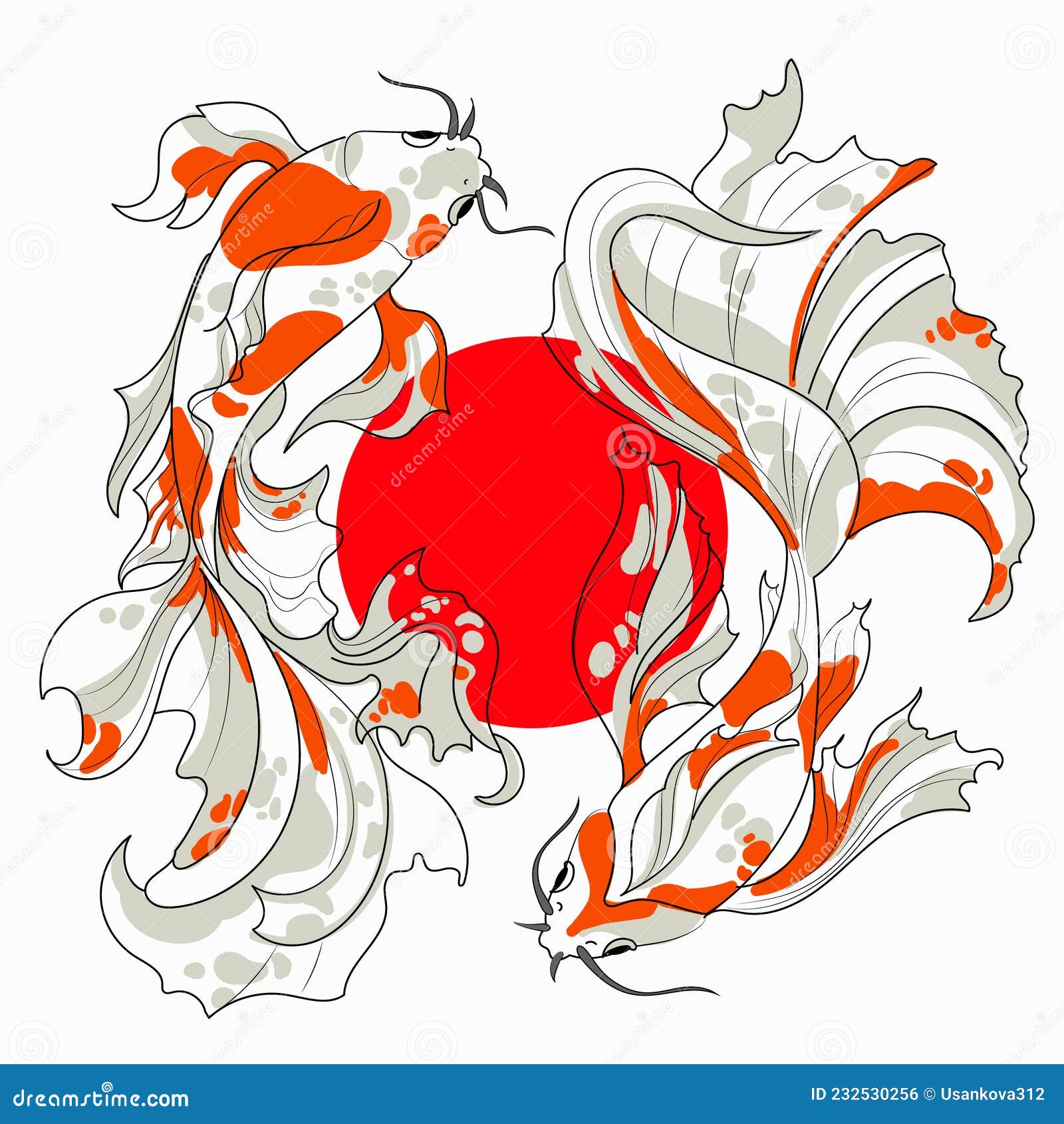 Two Koi Fish And A Red Circle. Elegant Vector Sketch | CartoonDealer ...