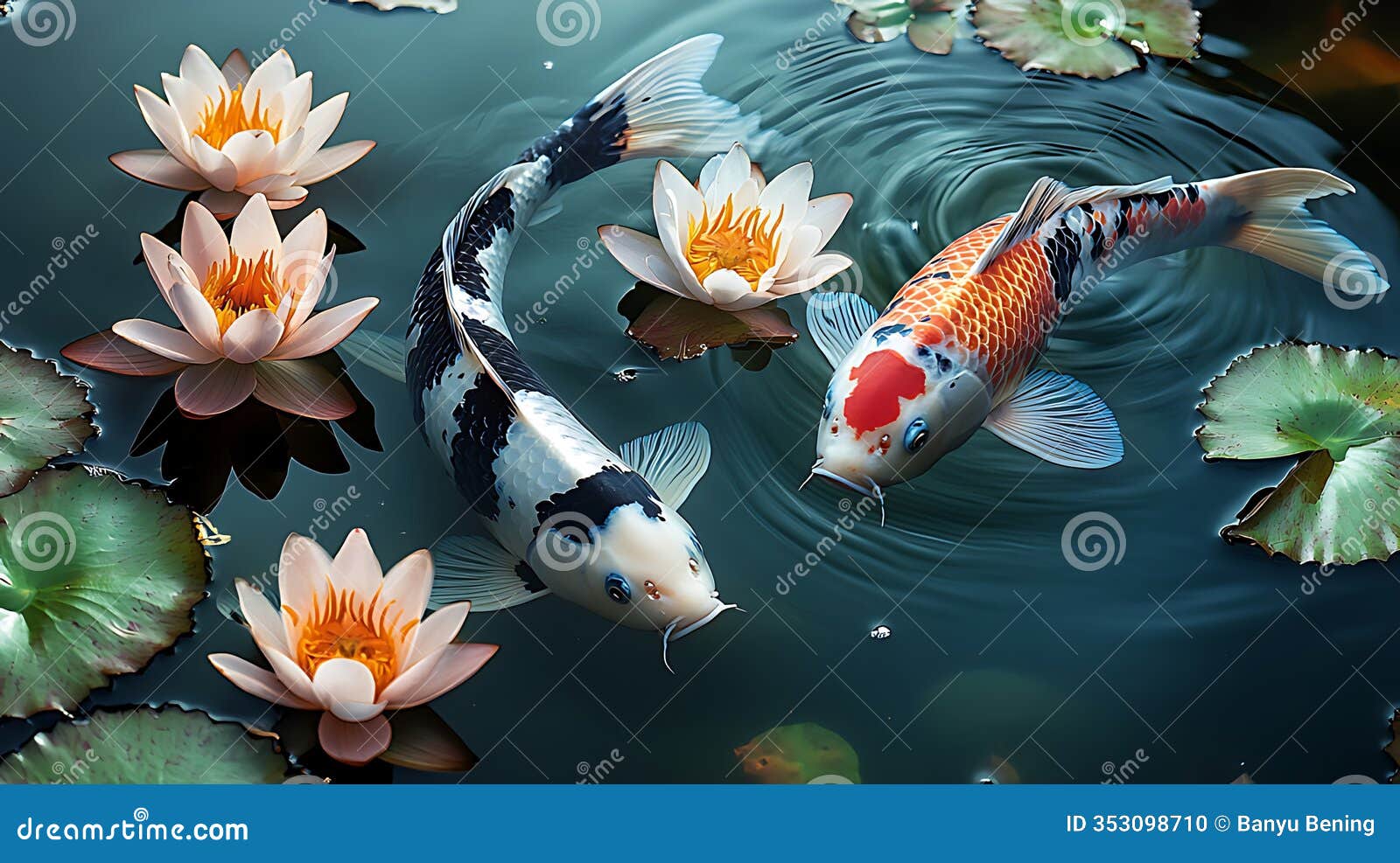 Two Koi Fish Swim in a Pond Surrounded by Water Lilies Stock ...