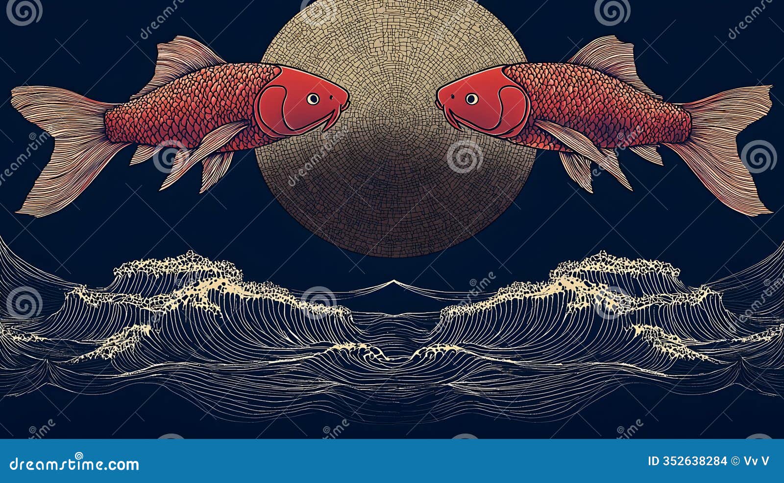 Two Koi Fish Swimming Against a Golden Moonlight Stock Illustration ...