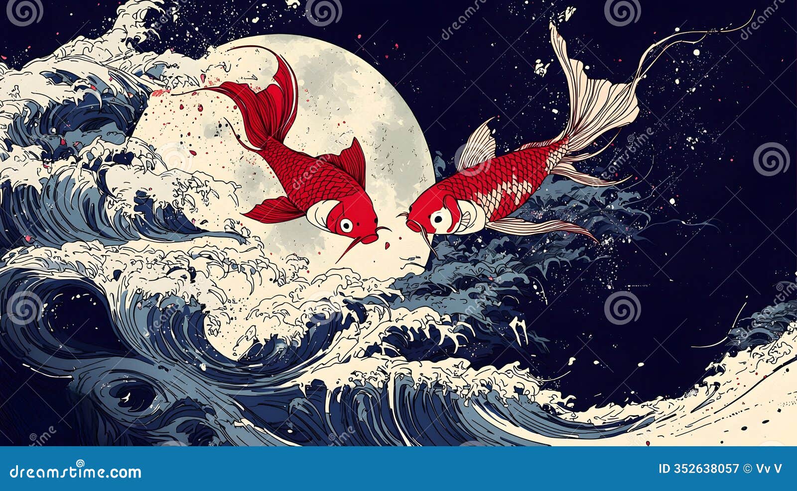 Two Koi Fish Swimming through Waves at Moonlight. Stock Illustration ...