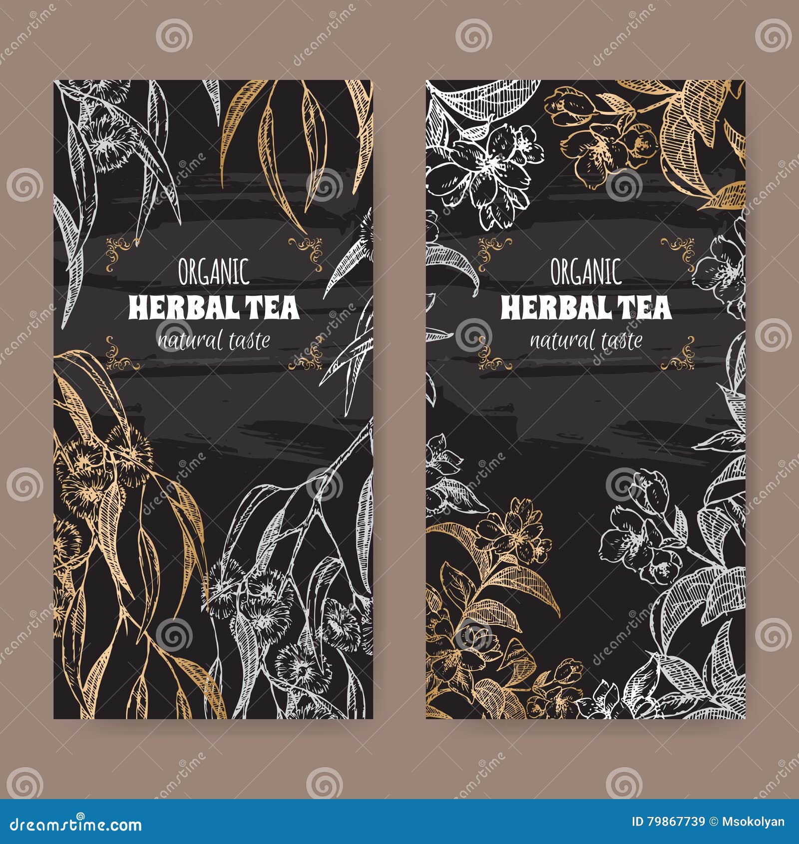 Two Labels for Eucalyptus and Jasmine Tea on Black Background. Stock ...