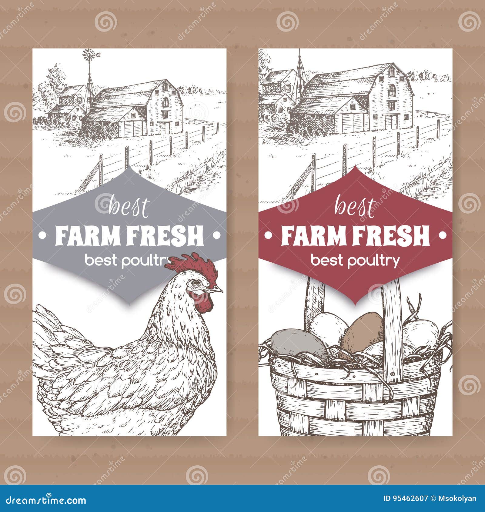 Two Labels with Farmhouse, Chicken and Eggs on White. Stock Vector ...