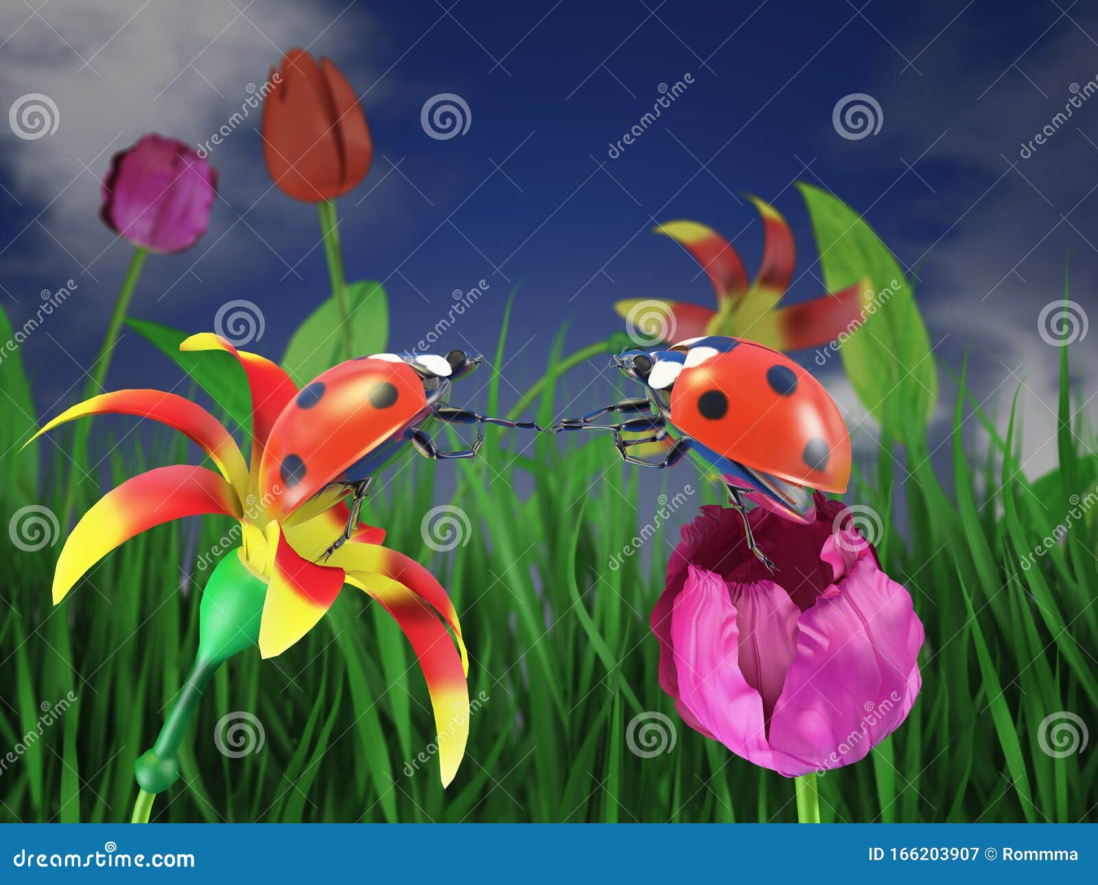 Two ladybugs on flowers stock illustration. Illustration of humor ...