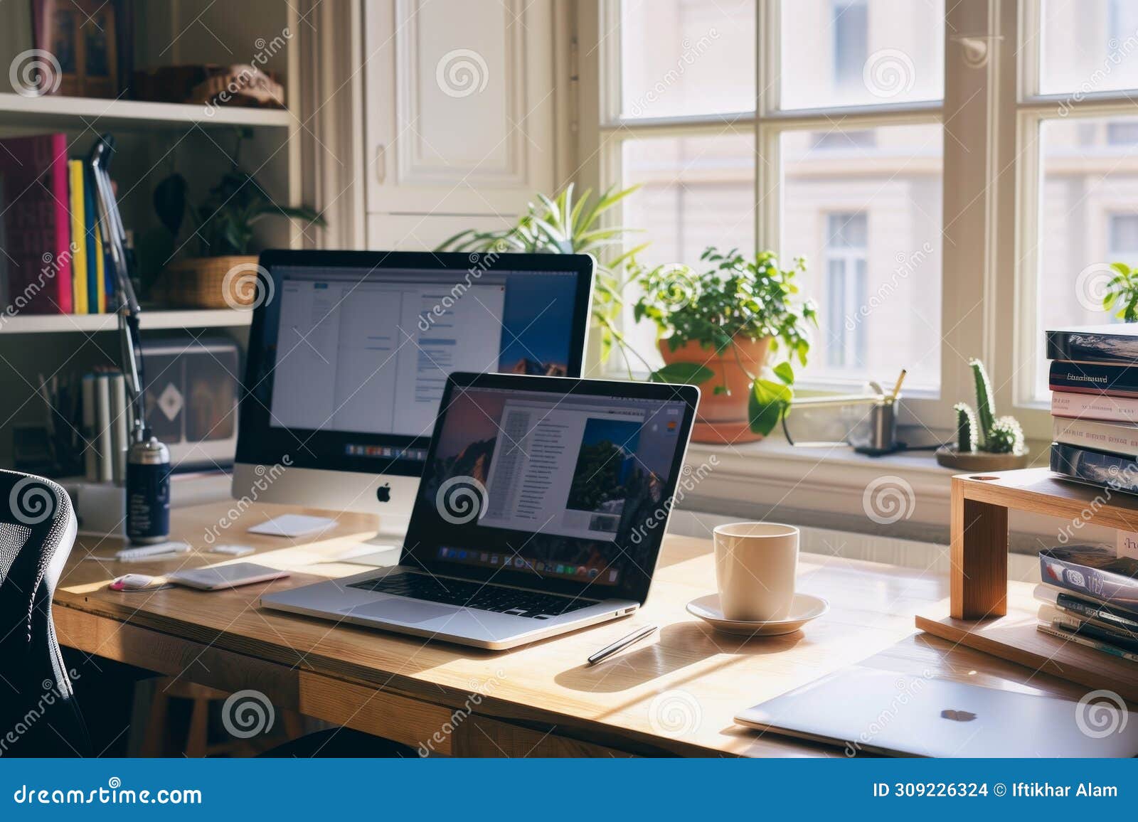 Two Laptops on Desk in Front of Window, a Clutter-free Workspace at ...