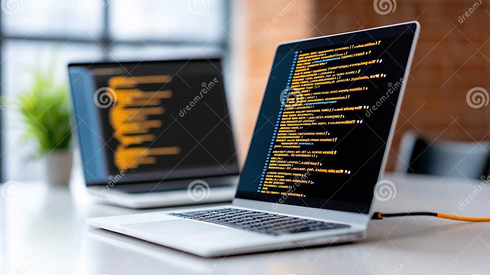 Two Laptops Displaying Code on Screens in a Modern Workspace Stock ...