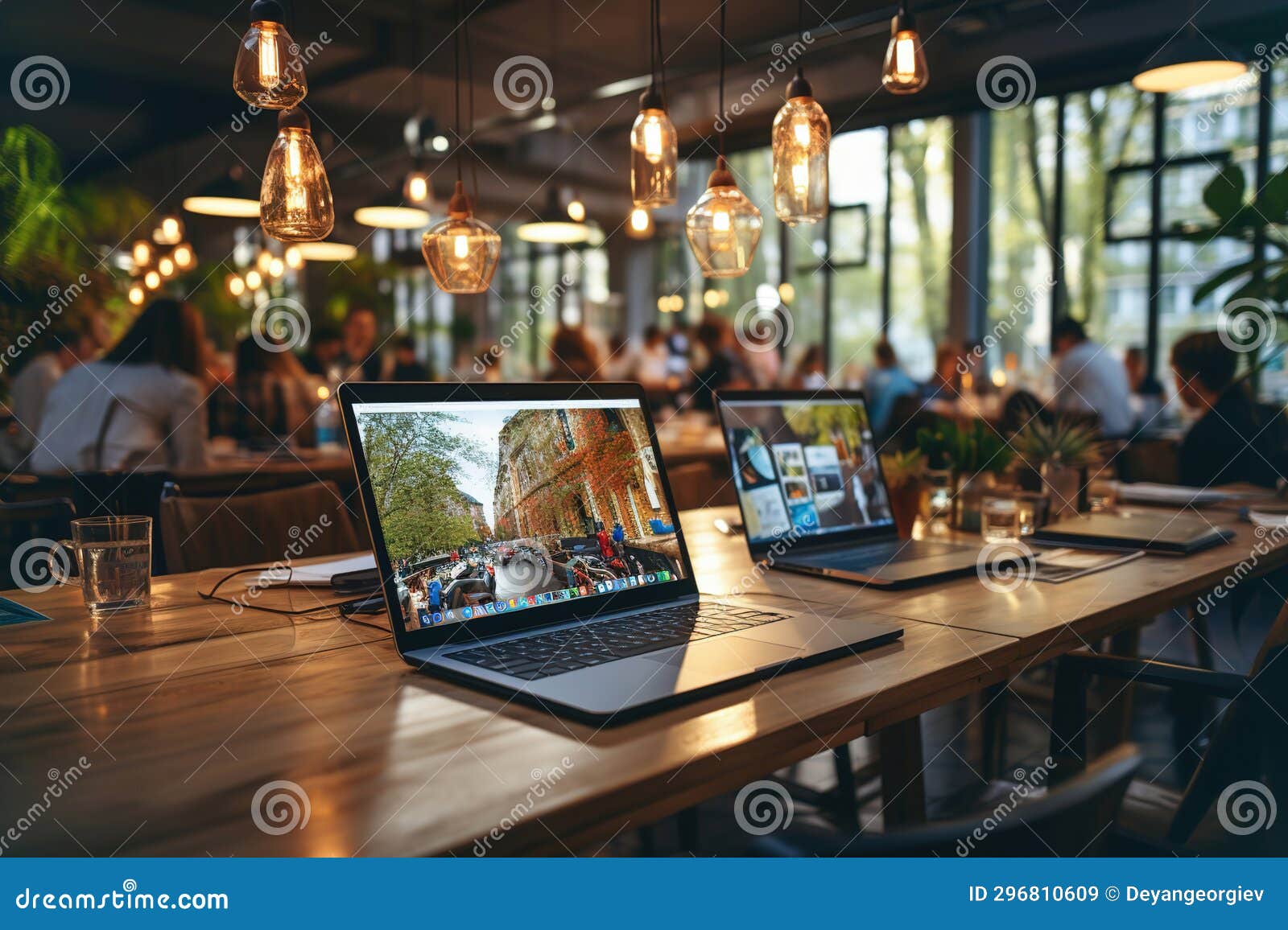 Two Laptops Sitting on a Table in a Restaurant Stock Illustration ...