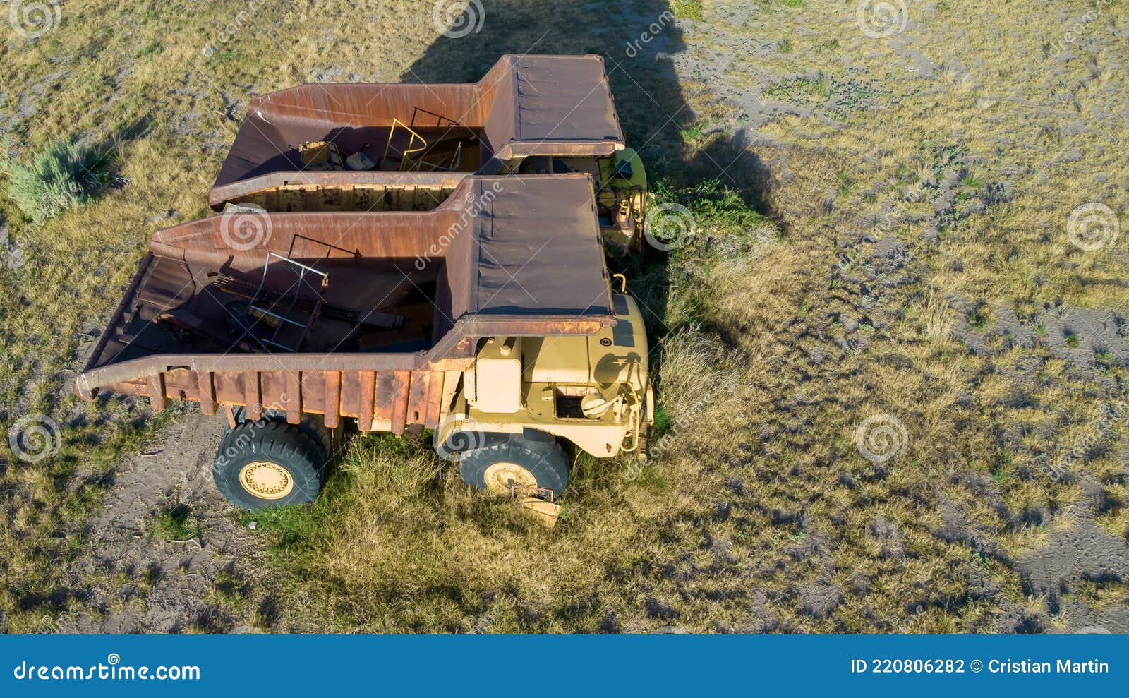 Two Large Abandoned Mining Trucks. Aerial View Stock Photo - Image of ...