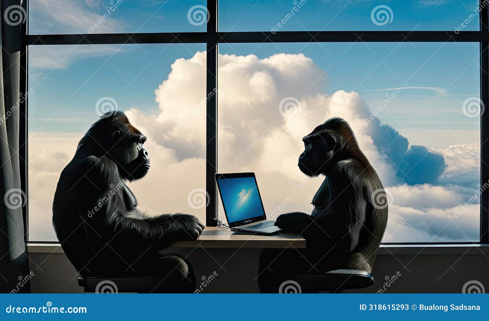 Two Large Black Gorillas are Sitting at a Table in Front of a Window ...