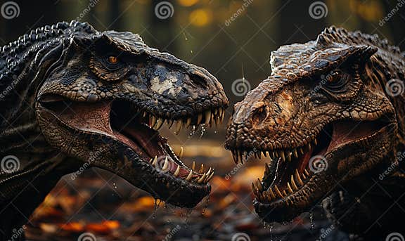 Two Large Dinosaurs Confront in Forest Stock Photo - Image of ...