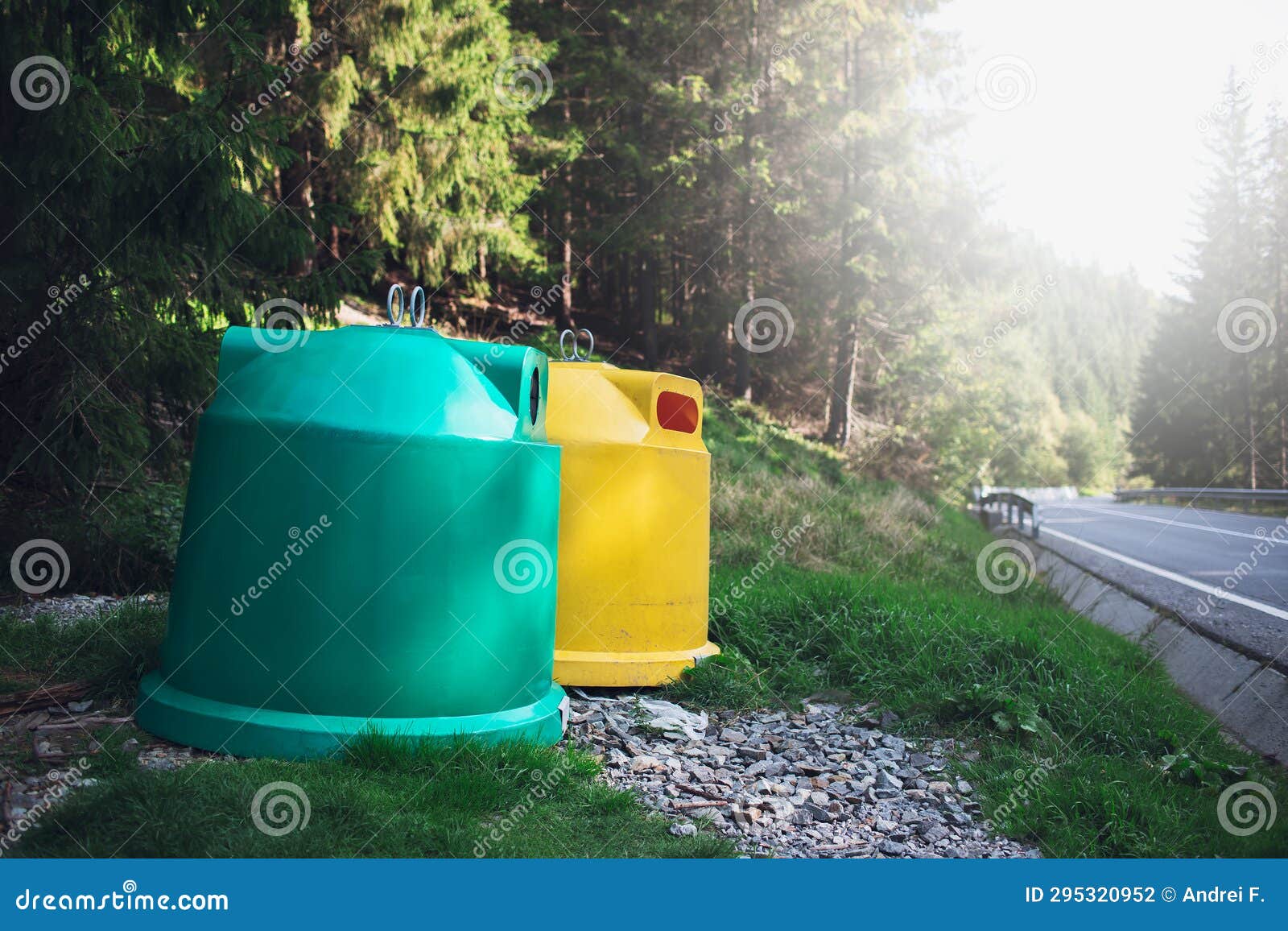 Two Large Plastic Bin for Trash in Forest Near Road Stock Photo - Image ...