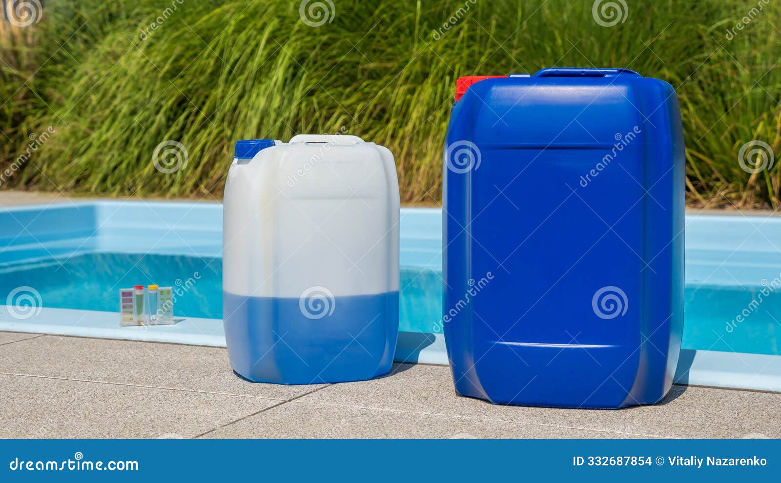 Two Large Plastic Containers for Pool Chemicals are Placed by the ...