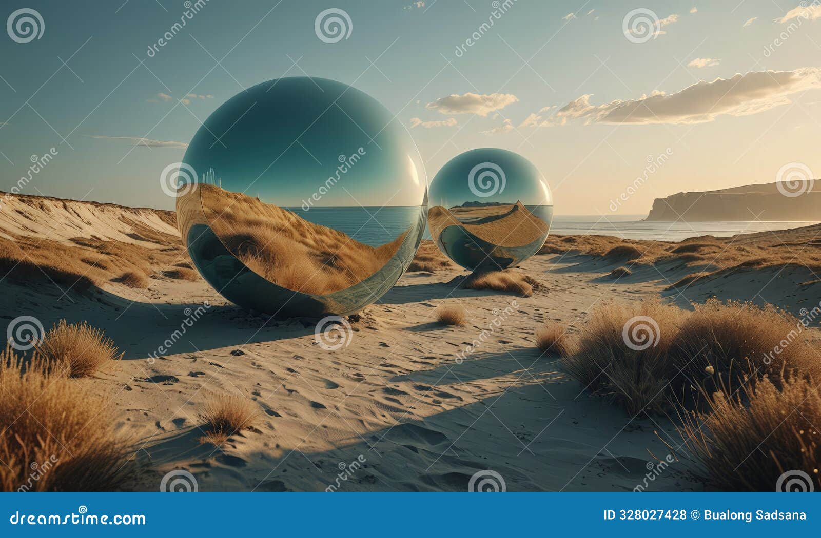 Two Large, Reflective Spheres Stand on Sandy Beach, with the Ocean and ...