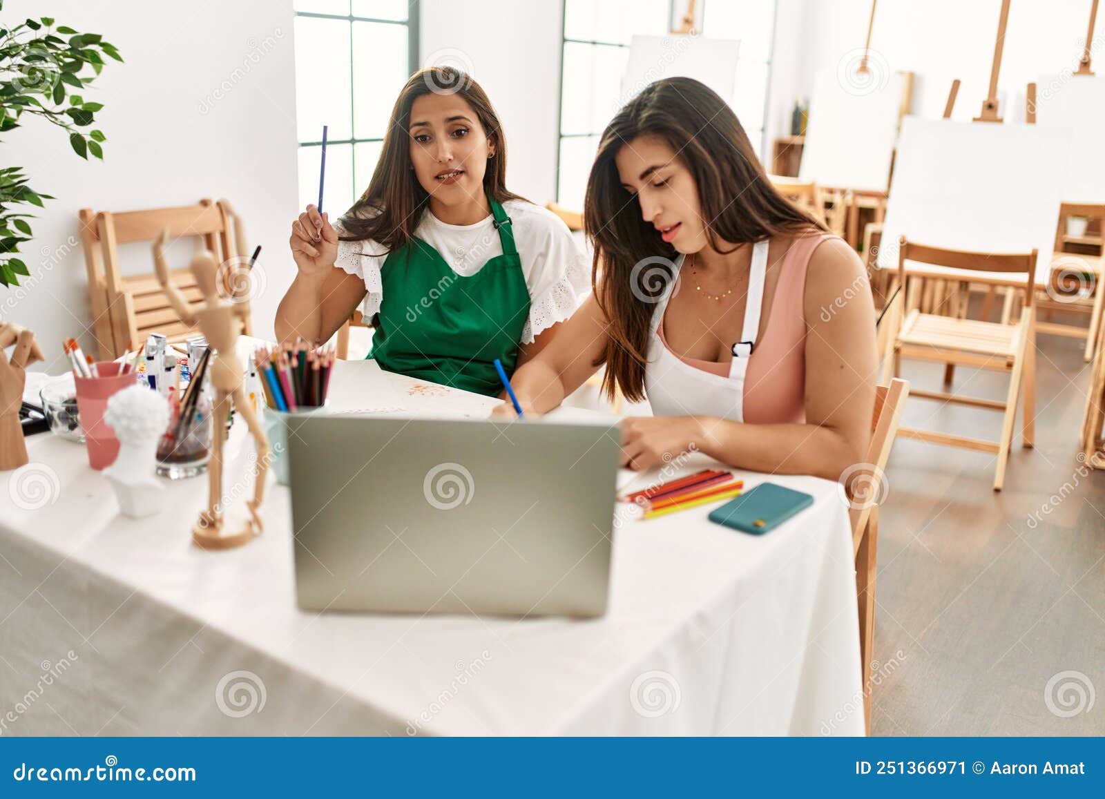 Two Latin Paint Students Smiling Happy Having Online Paint Class at Art ...