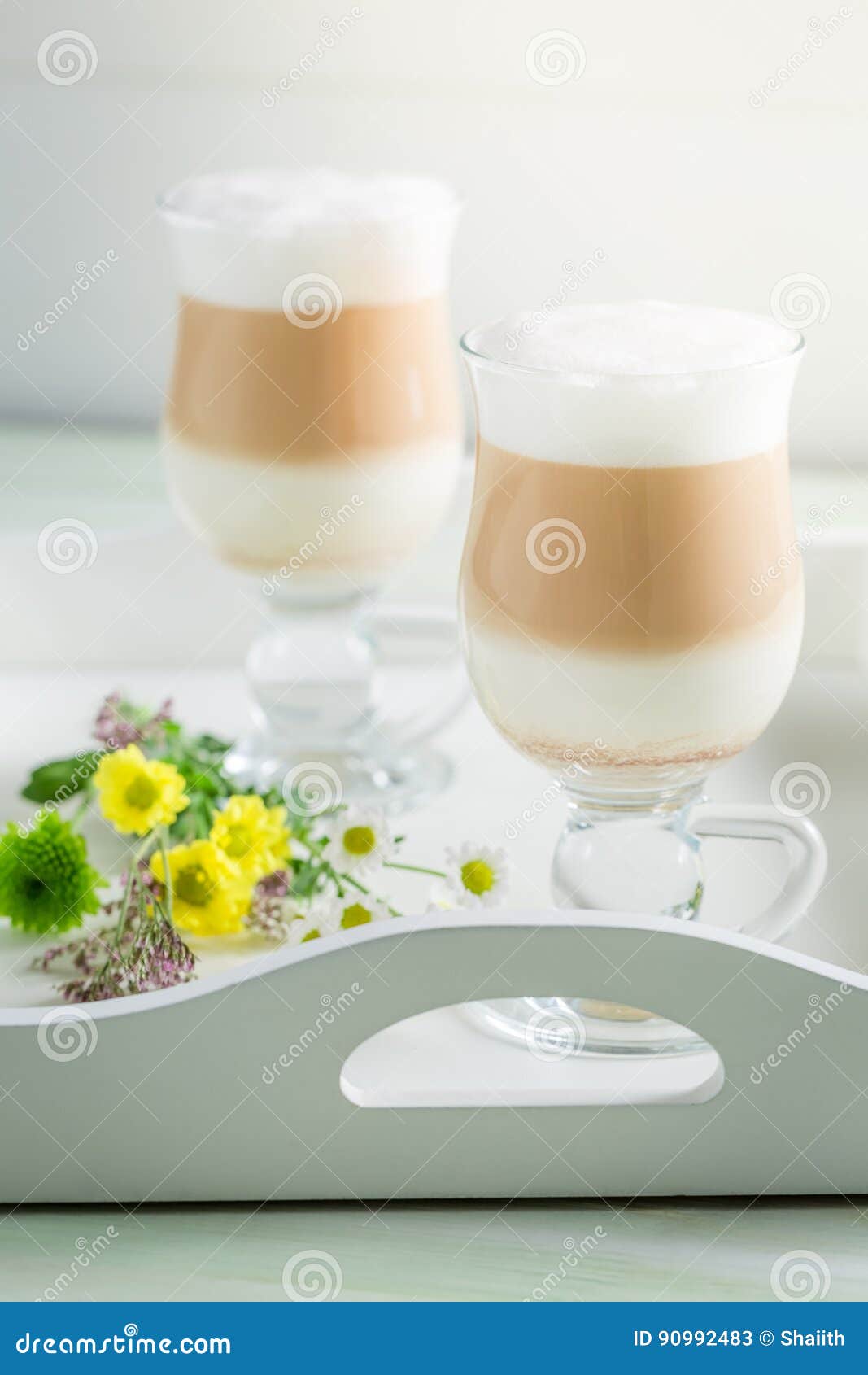 Two Latte Coffee with Spring Flowers Stock Image - Image of latte ...