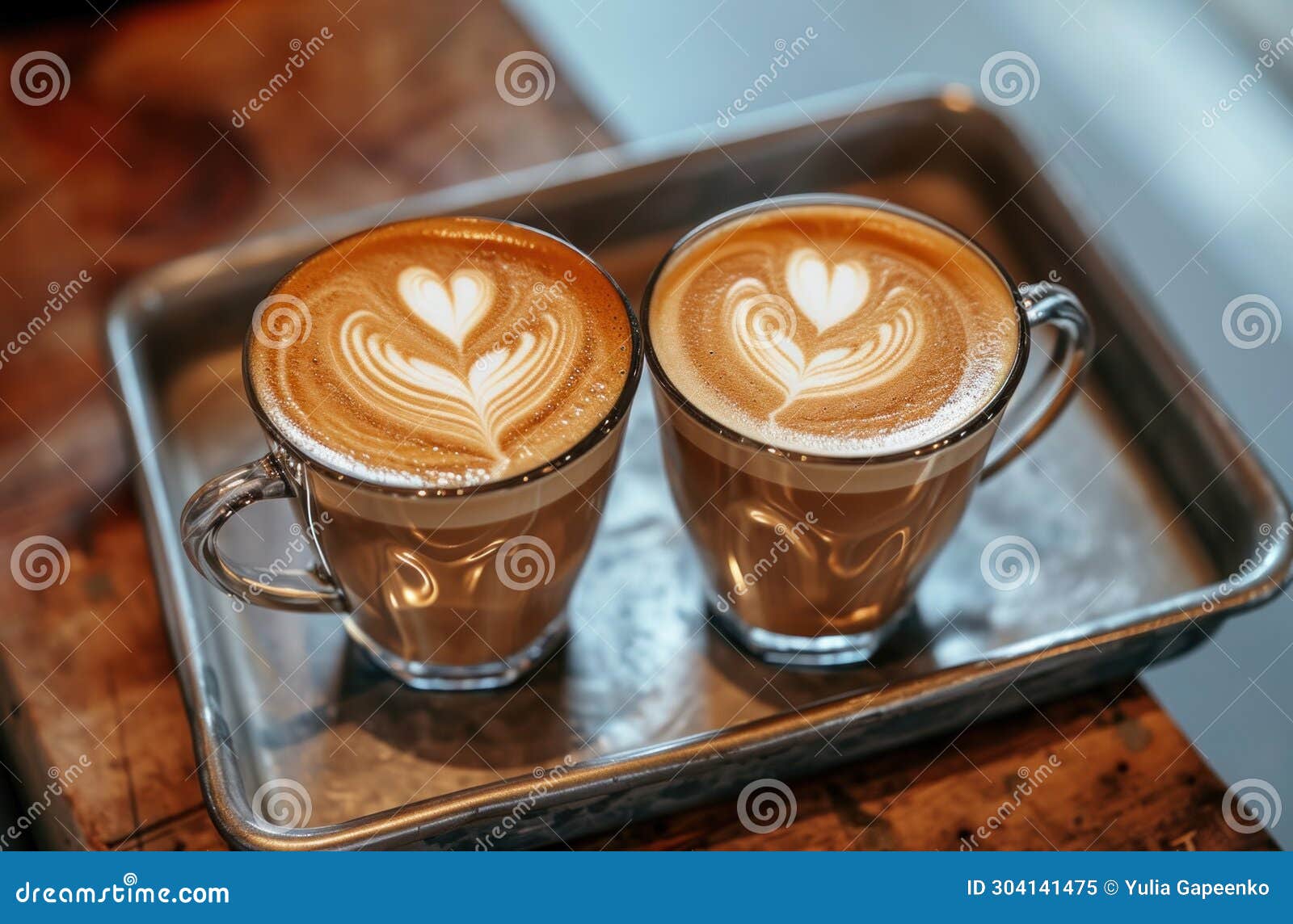 Two Latte with Heart Latte Art on a Tray Stock Image - Image of frothy ...