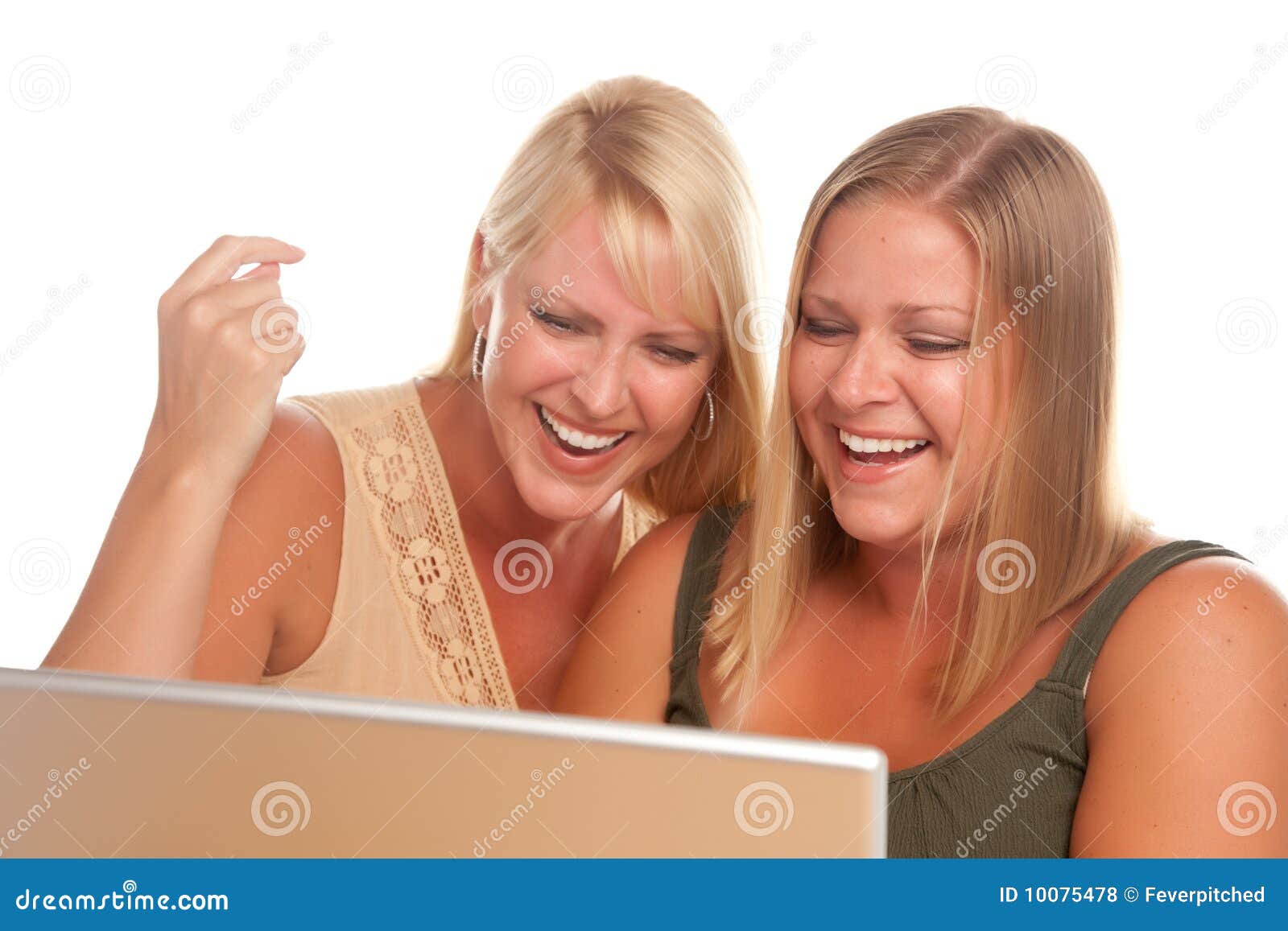 Two Laughing Woman Using Laptop Stock Photo - Image of computer, wide ...