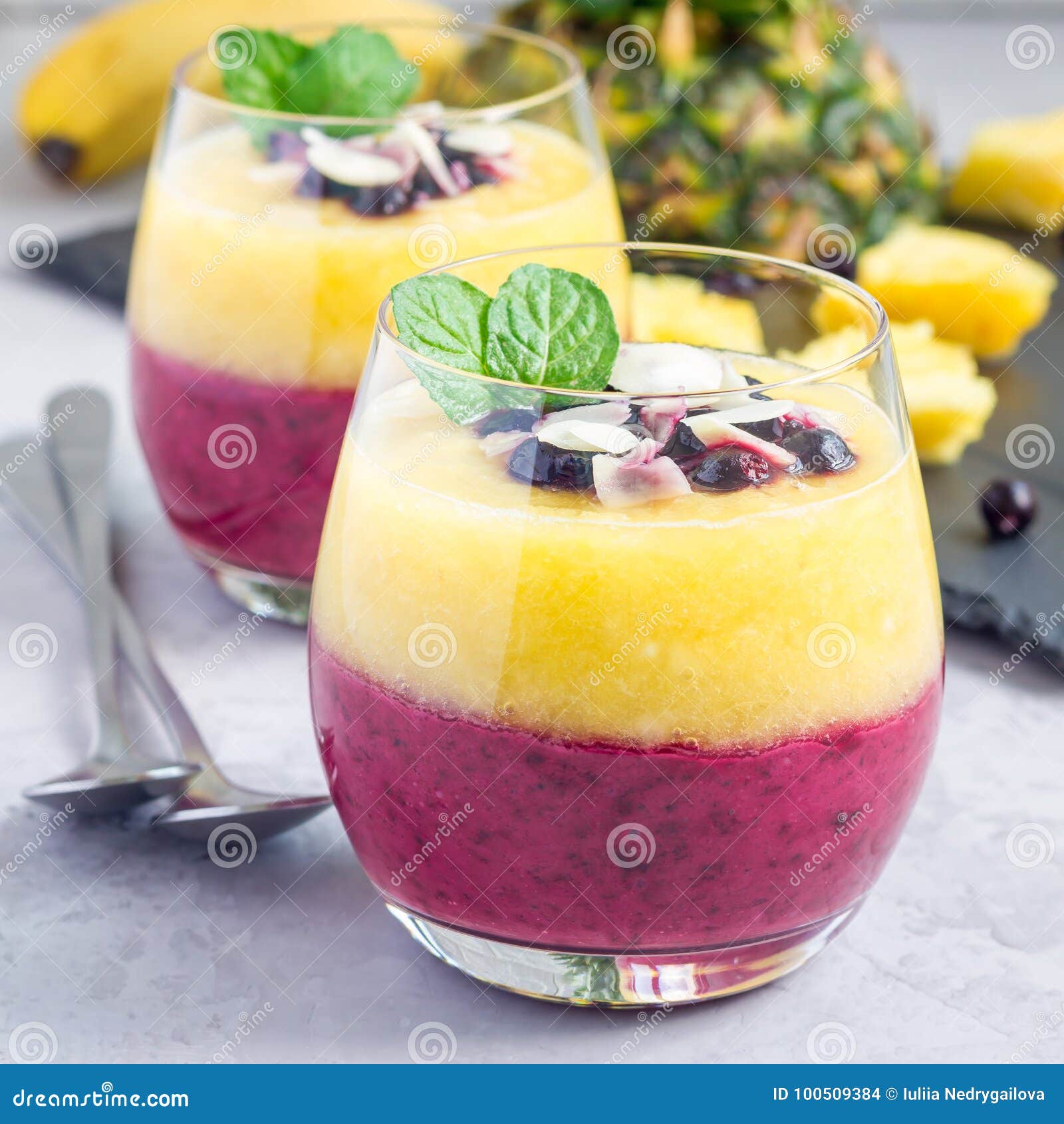 Two Layer Smoothie with Black Currant, Quick Oats, Yogurt and Pineapple ...