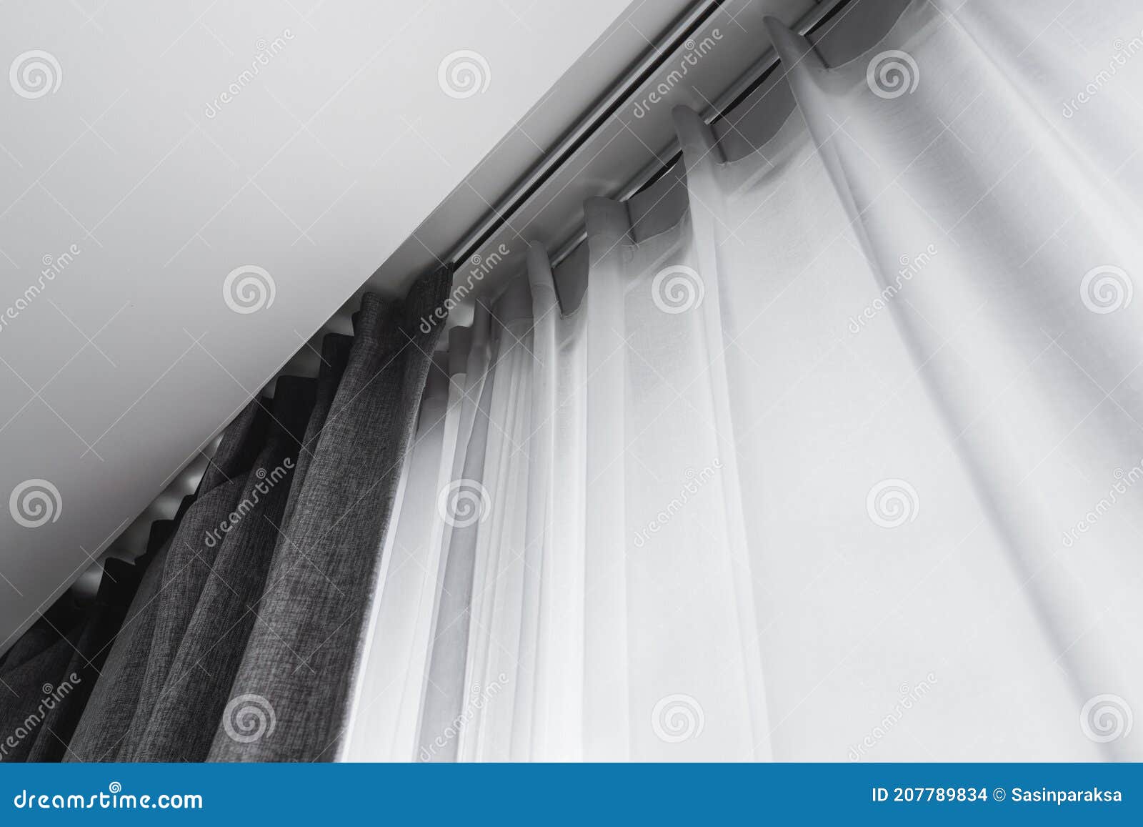 Two Layers Curtain with Rails, Installed on Ceiling Stock Photo - Image ...