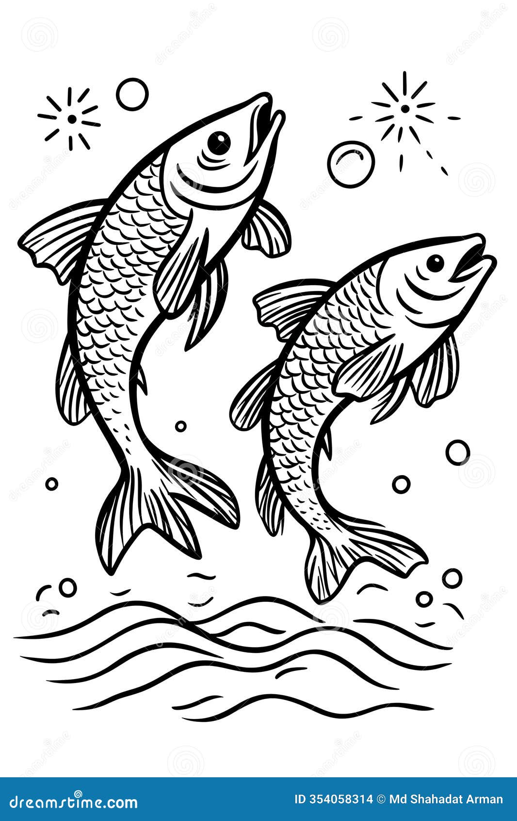 Two Leaping Fish Line Art Illustration Stock Illustration ...