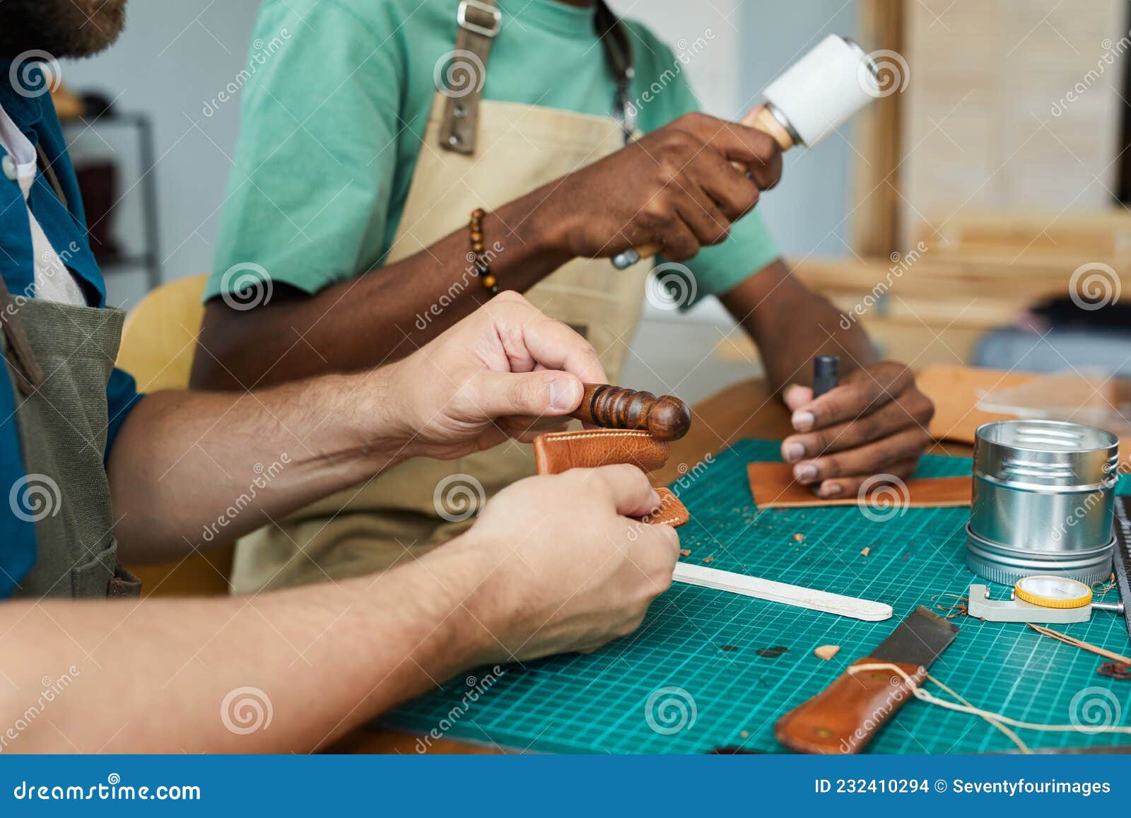 Two Leatherworkers in Workshop Close Up Stock Photo - Image of hobby ...