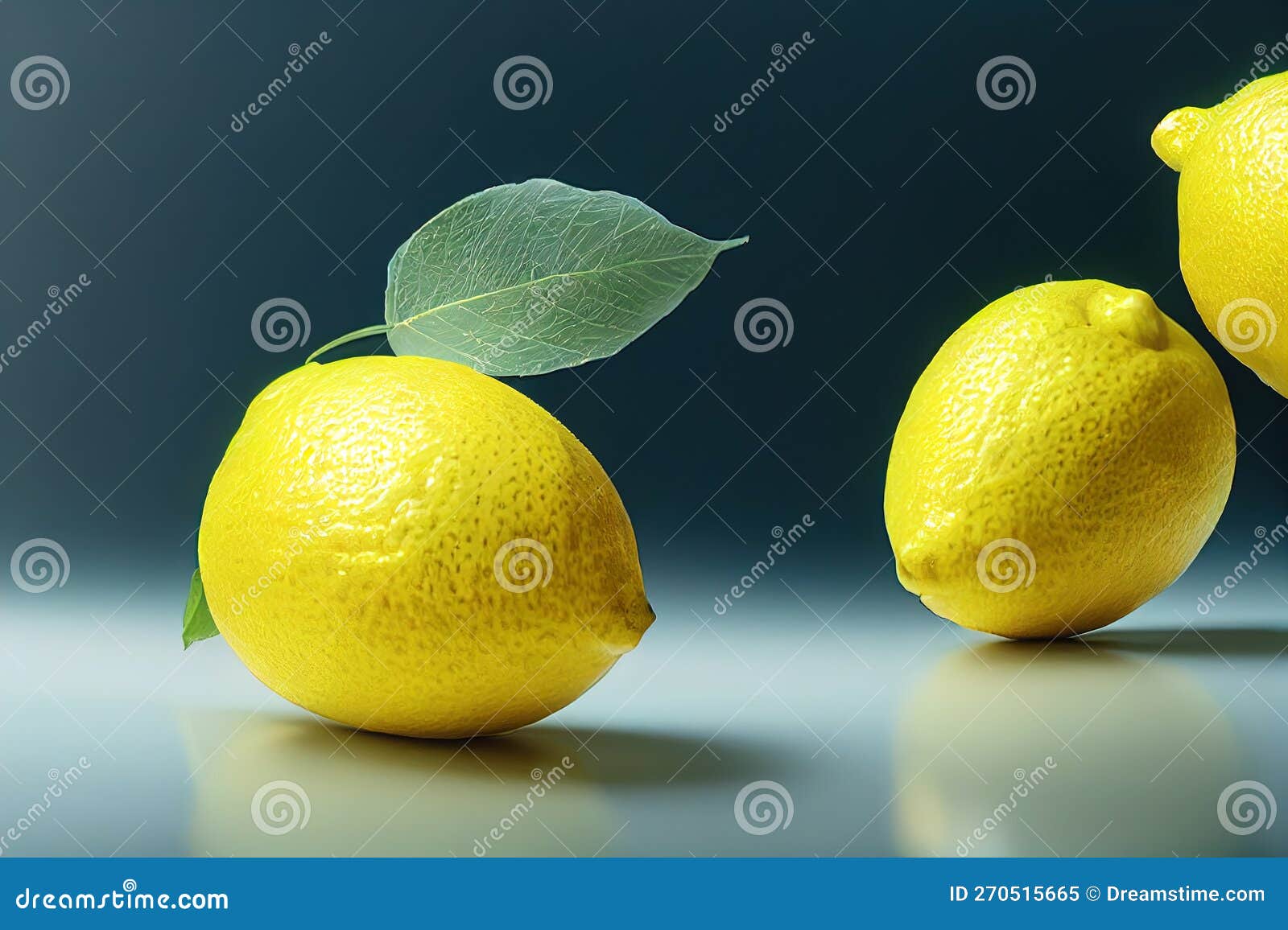 Two Lemons With A Leaf On A Reflective Surface With A Blue Background ...
