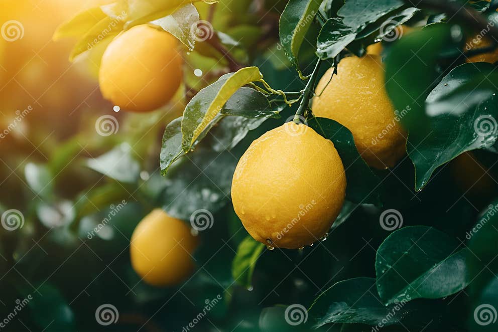 Two Lemons on the Top of the Lemon Tree Wet by the Rain. Stock ...