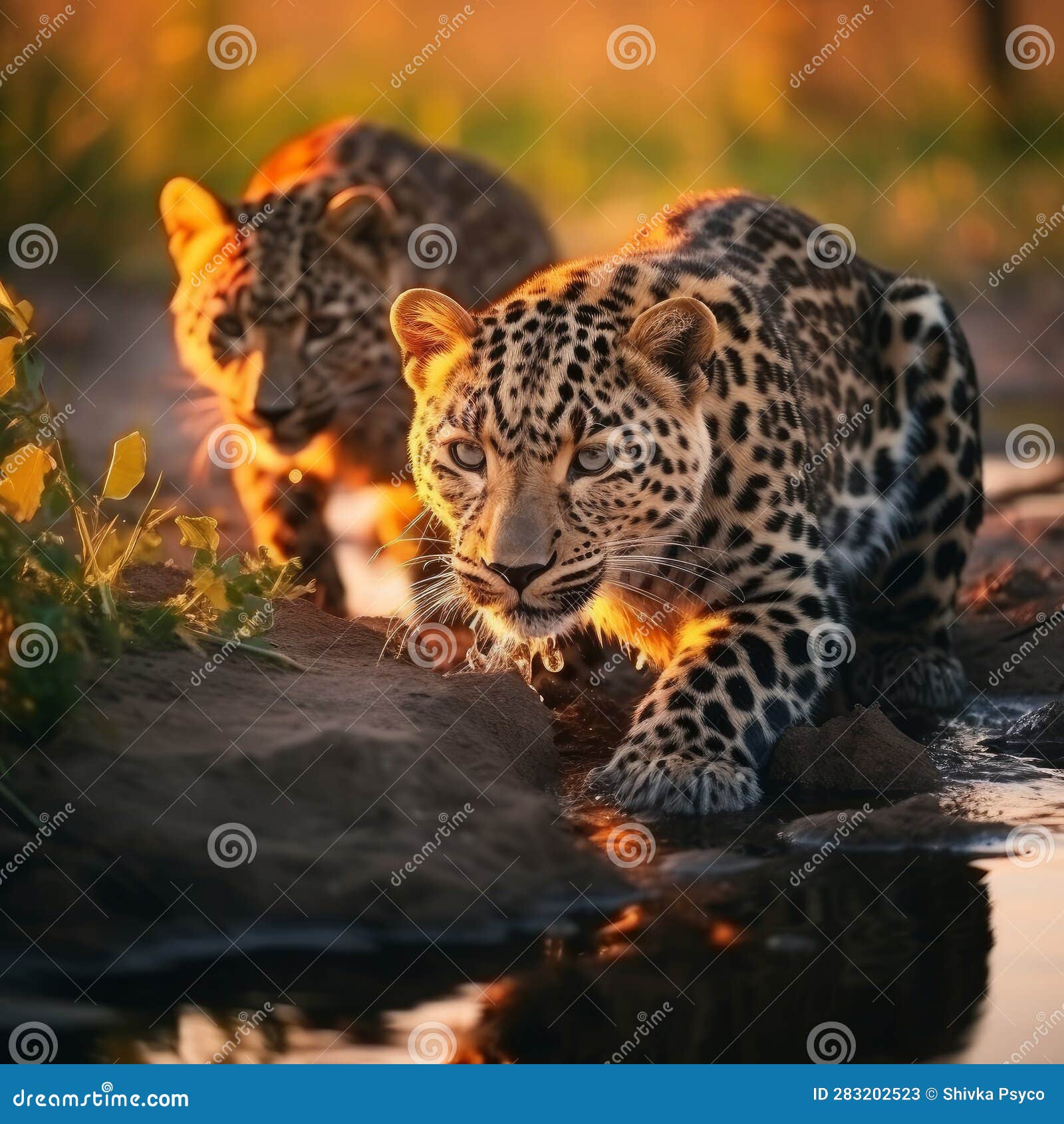 Two Leopard Drinking Water from the Lake Stock Illustration - Illustration of graphic, seamless ...