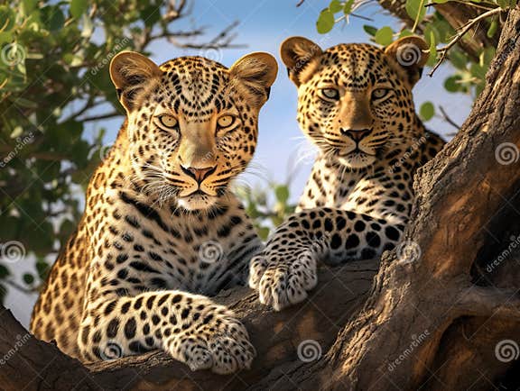 Two Leopards Resting on the Tree Stock Illustration - Illustration of ...