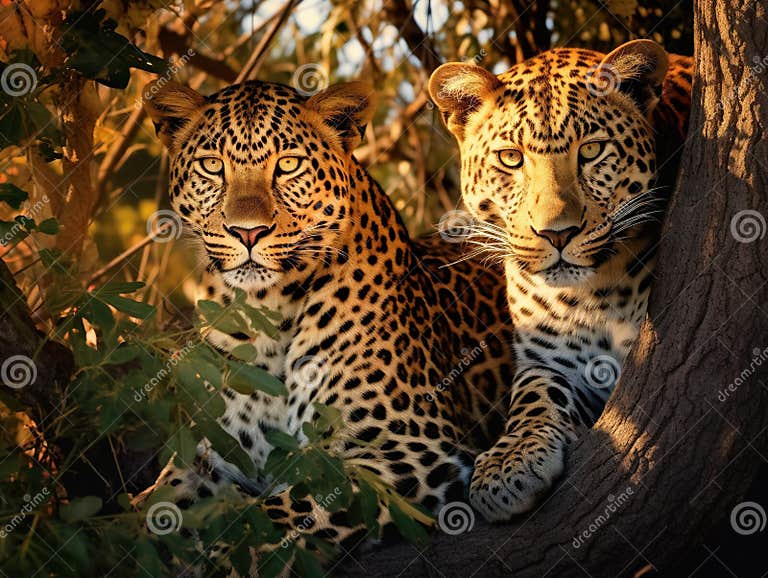 Two Leopards Resting on the Tree Stock Illustration - Illustration of ...