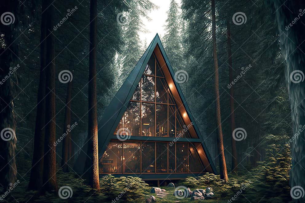 Two-level a-frame Cabin with Glass Windows Located among Trees Stock ...