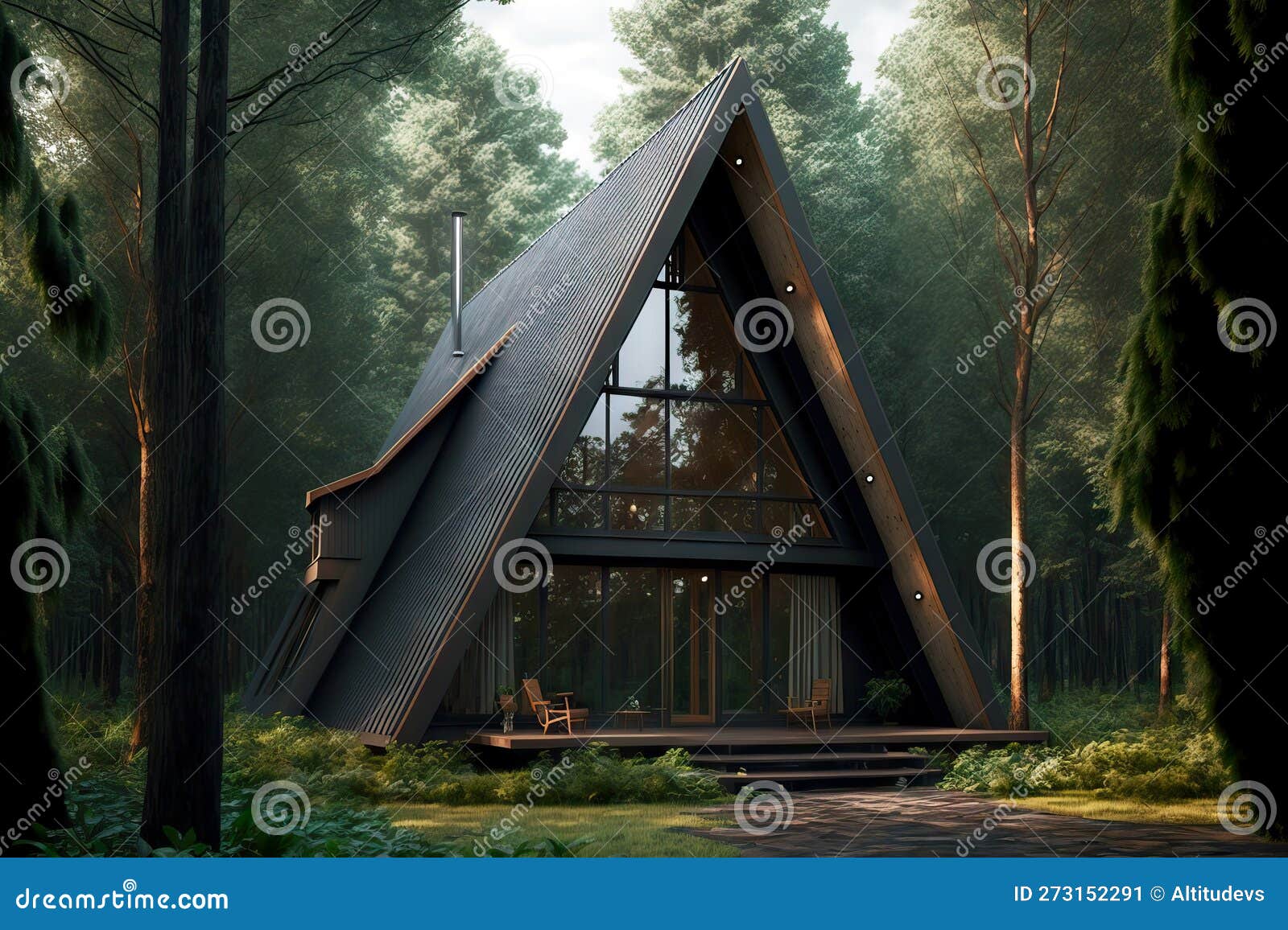 Two-level a-frame Cabin with Glass Windows Located among Trees Stock ...
