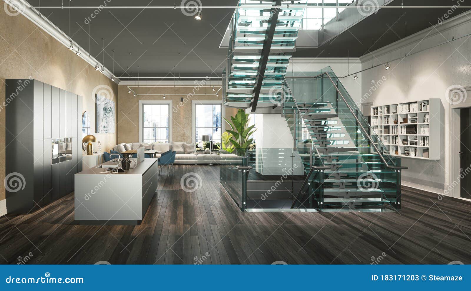 Two Level Interior with Kitchen and Stairs. Stock Illustration ...