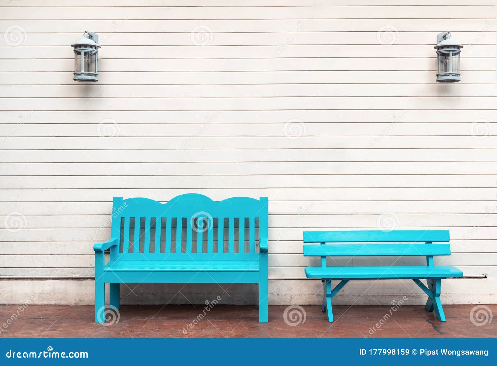 Two Light Blue Wooden Bench. White Wall Stock Image - Image of exterior ...