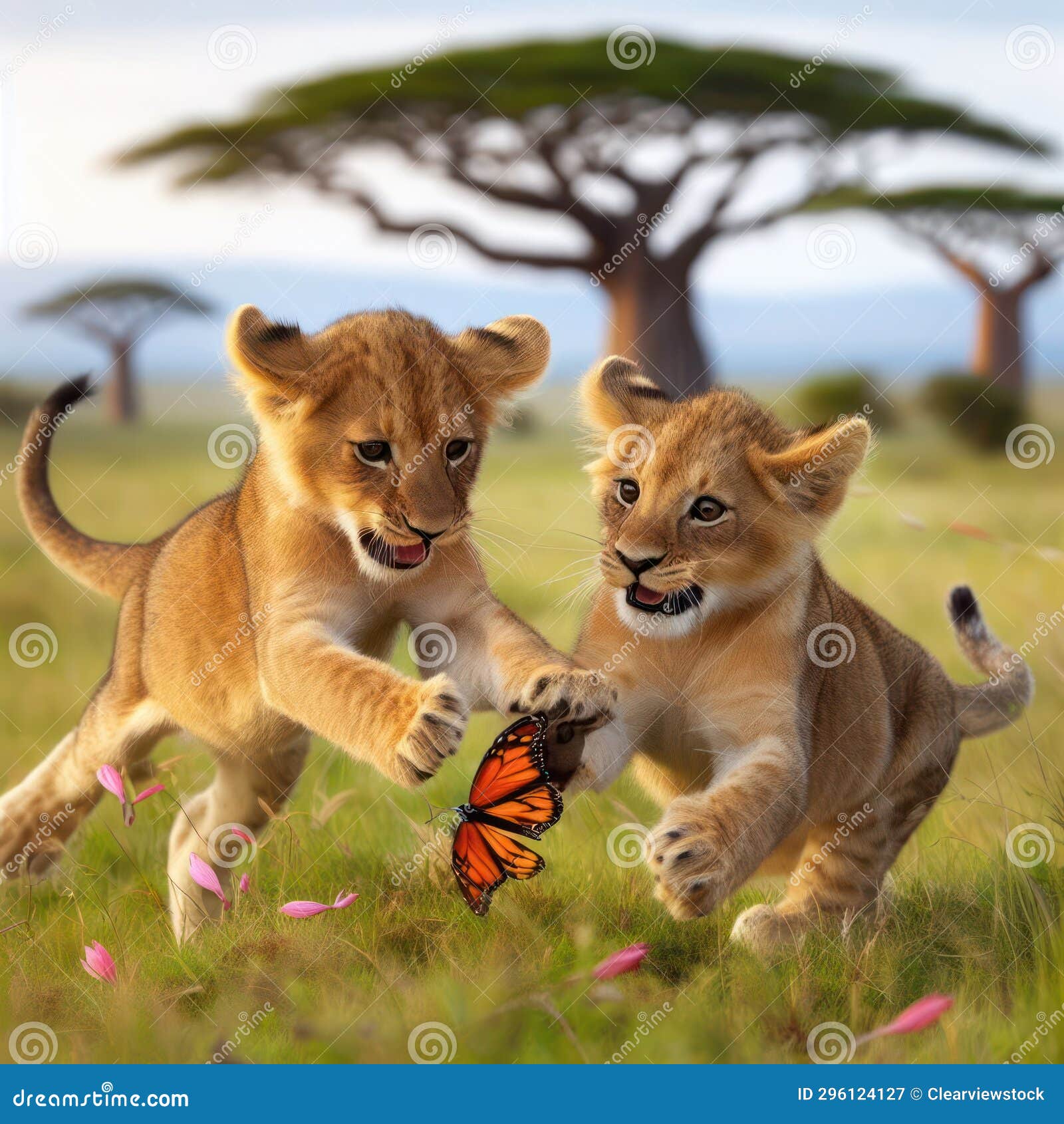 Two Lion Cubs Playing and Learning To Hunt Stock Illustration ...