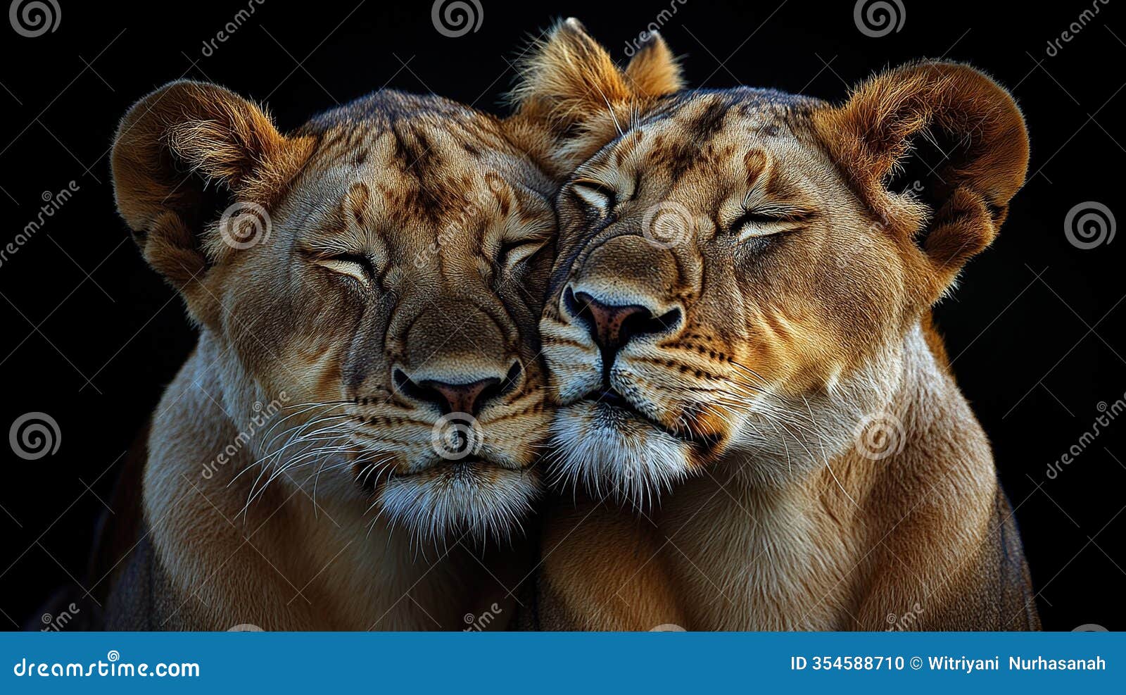 Two Lionesses Cuddling Affectionately, Eyes Closed, Against A Black ...