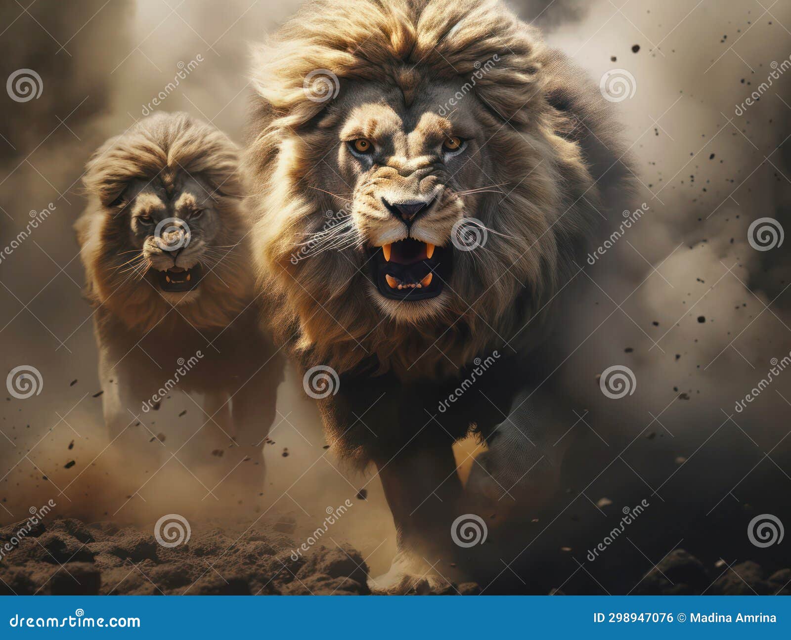 Two Lions Come Out of the Dust, Smoke, Ashes Stock Photo - Image of ...
