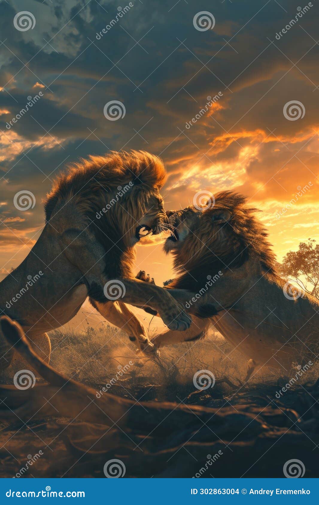 Two Lions Fighting Against Each Other at Sunset Stock Illustration ...