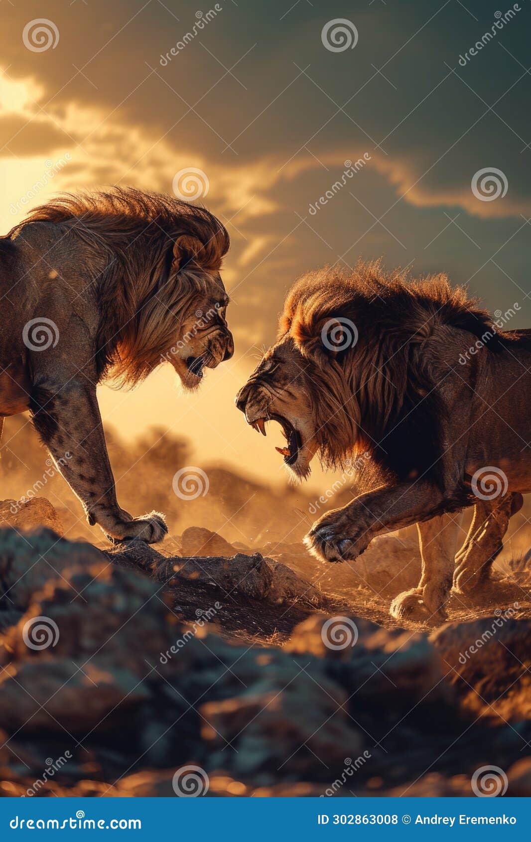Two Lions Fighting Against Each Other at Sunset Stock Illustration ...