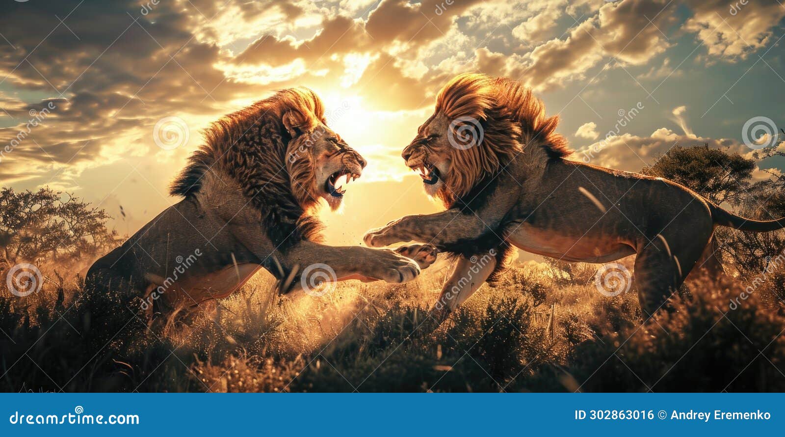 Two Lions Fighting in the Desert with Stormy Sky and Sun Stock ...