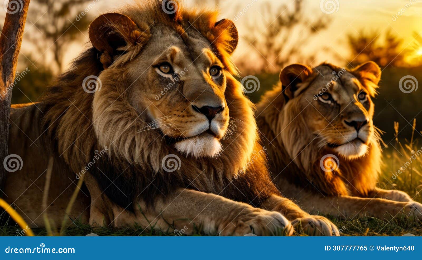 Two Lions are Laying Down in Grassy Field with Trees in the Background ...