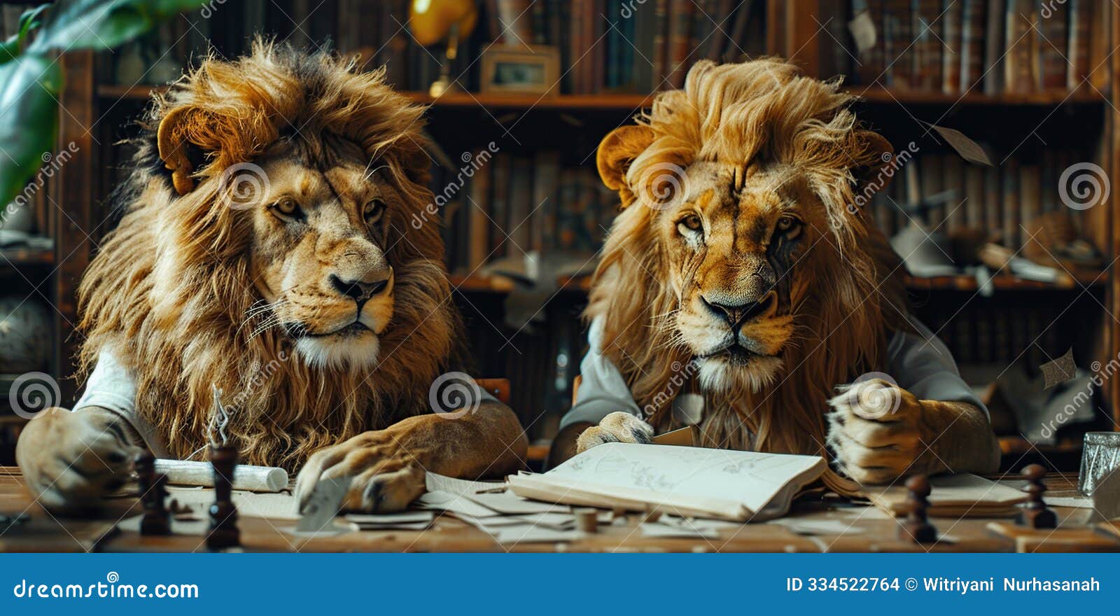 Two Lions in a Library stock illustration. Illustration of serious ...
