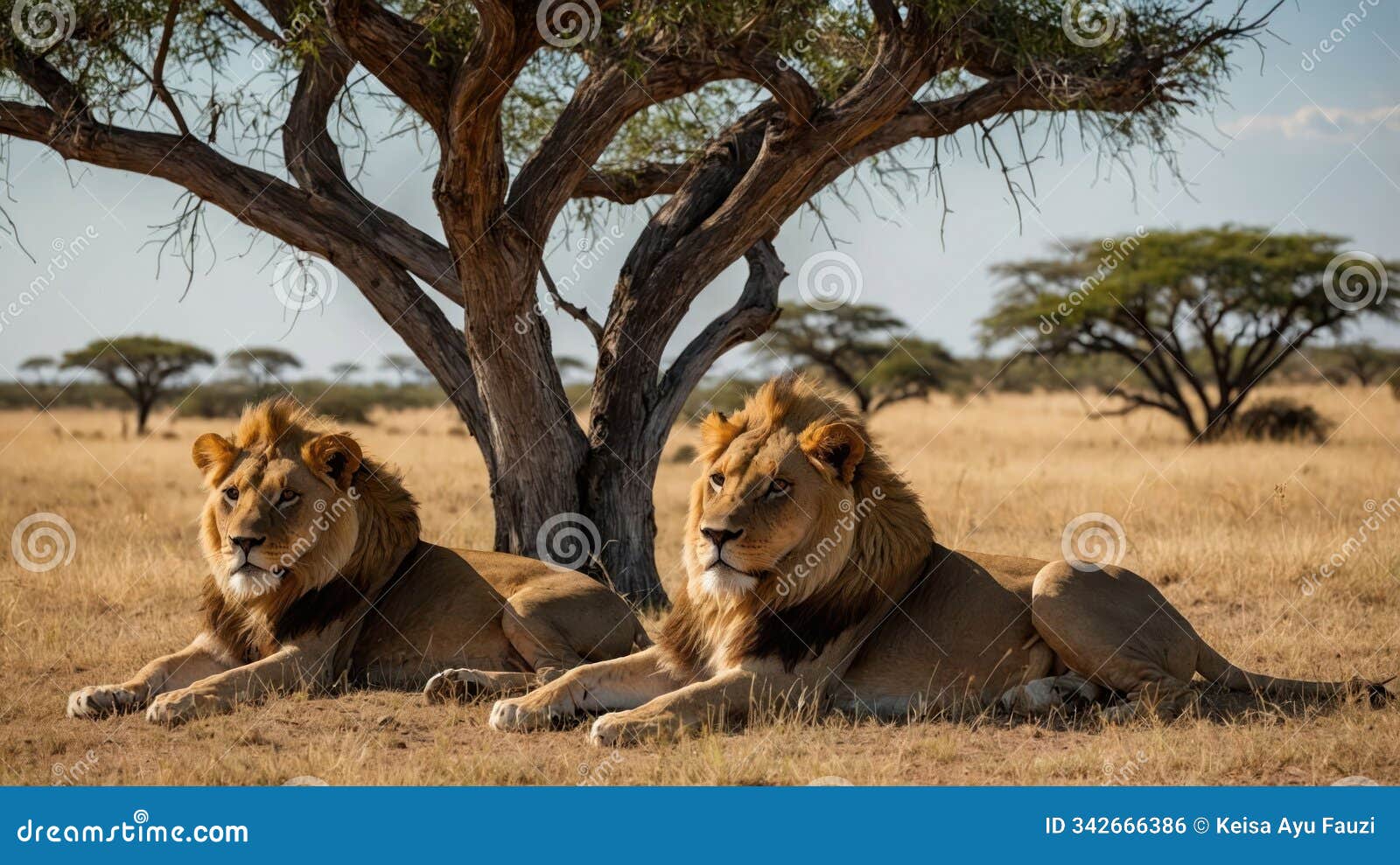 Two Lions Resting Under a Tree in a Savannah Landscape Stock ...