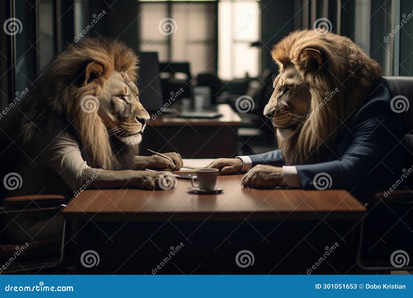 Two Lions Sit Face To Face in Office Stock Illustration - Illustration ...