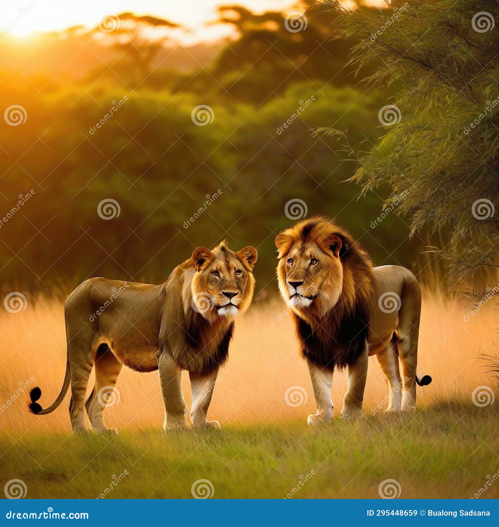 Two Lions Standing in a Field with Trees in the Background at Sunset or ...
