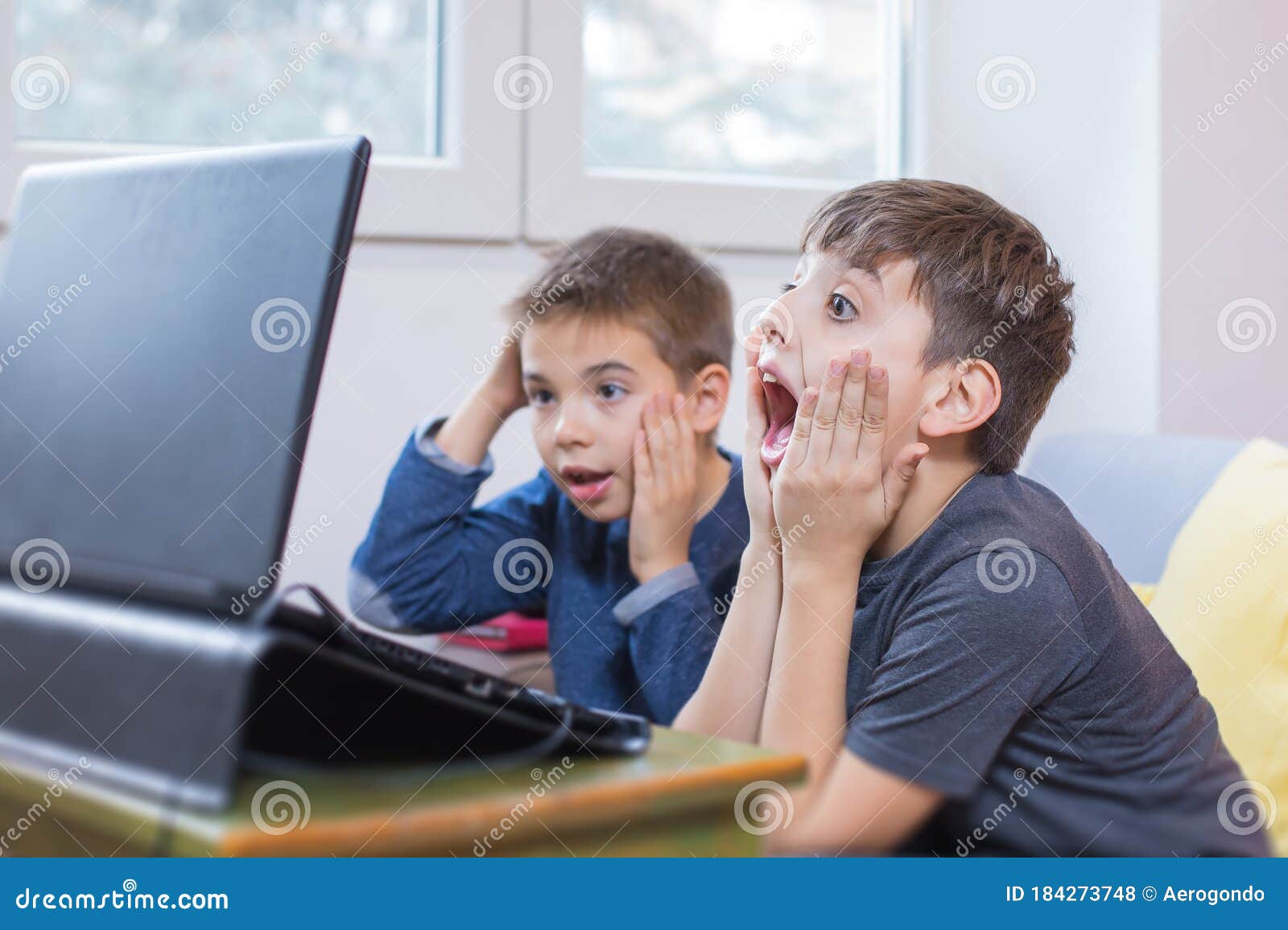 Two Little Boys Enjoying Using Internet on Laptop Stock Photo - Image ...