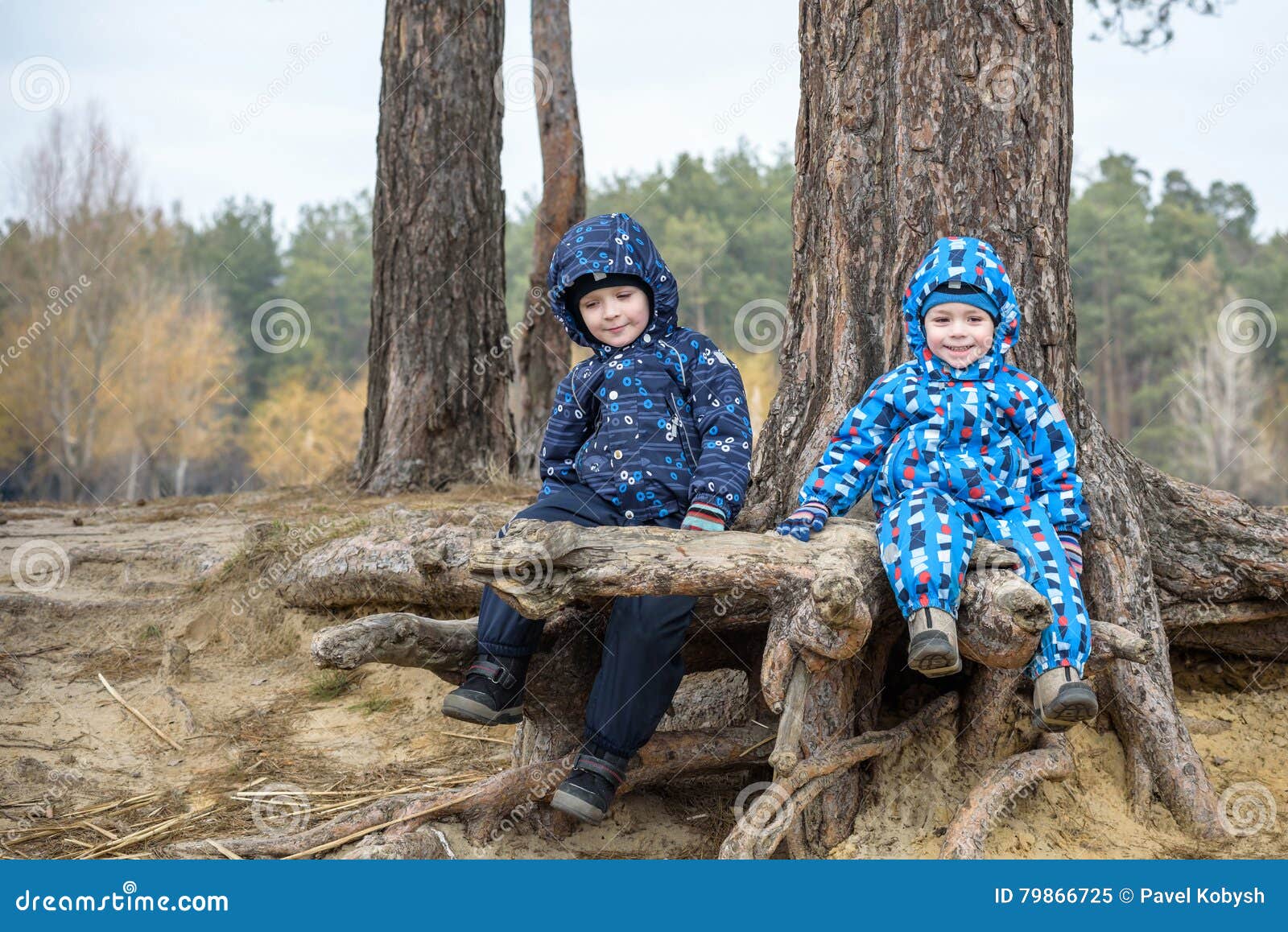 Two Little Boys Playing, on Autumn Landscape, Sitting and Smiling the ...