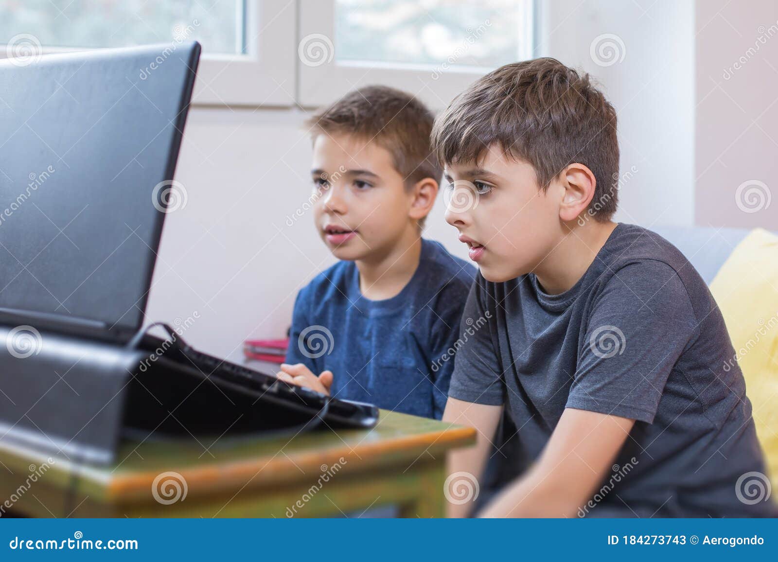 Two Little Boys Using Internet on Computer Stock Image - Image of boys ...