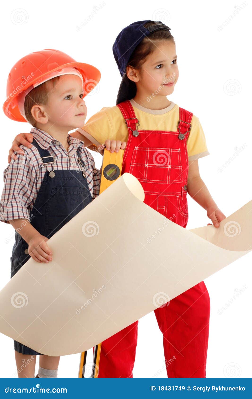 Two Little Builders Planning with Blueprint Stock Image - Image of ...